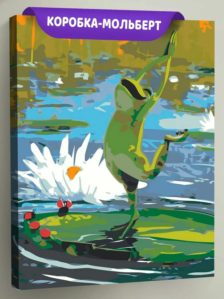 Картина по номерам на холсте с подрамником "Животные: лягушка на кувшинке в озере" 40x50 см, Пруд Цветы