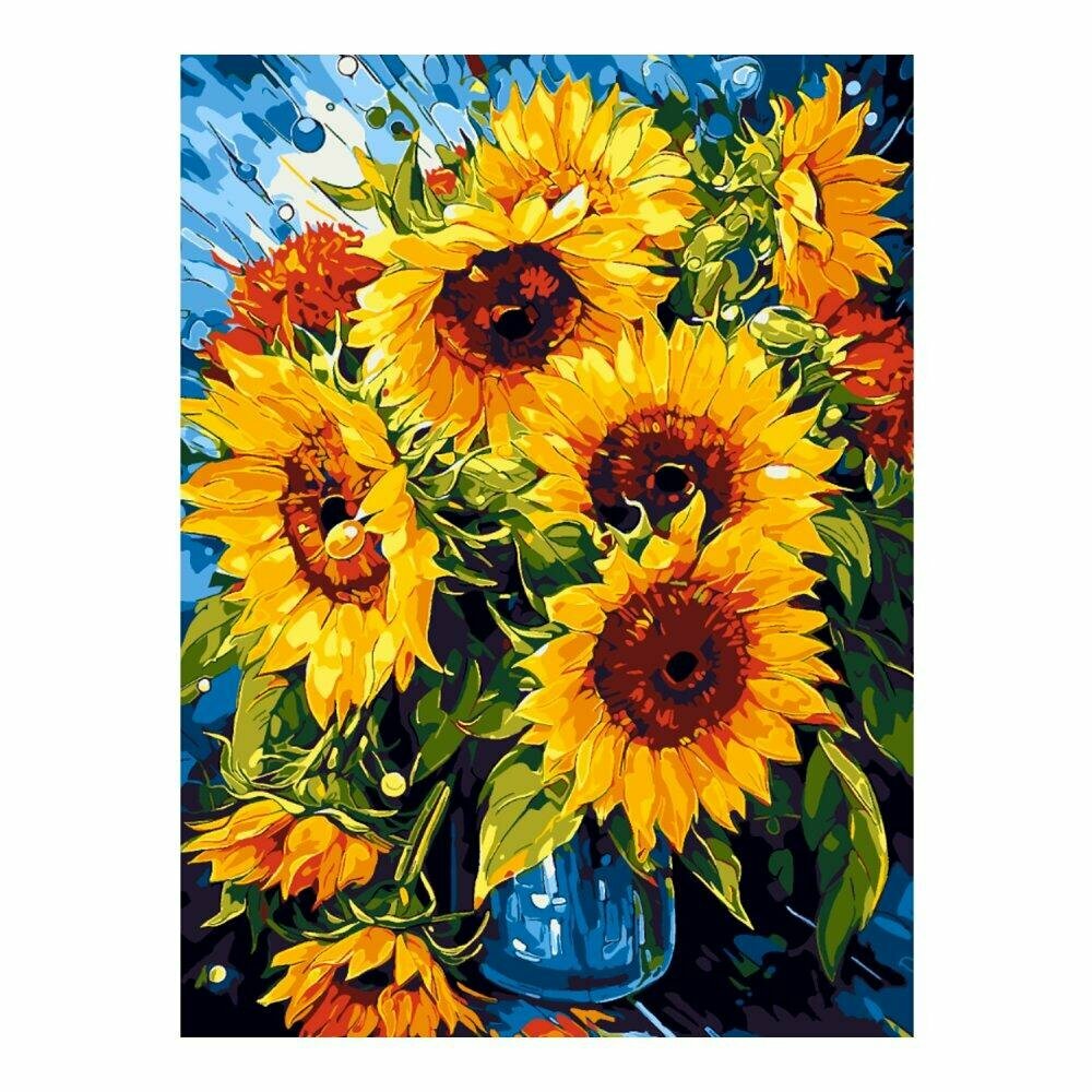 Картина по номерам "Подсолнухи" на картоне 28,5х38 см, набор для рисования с красками и кистью