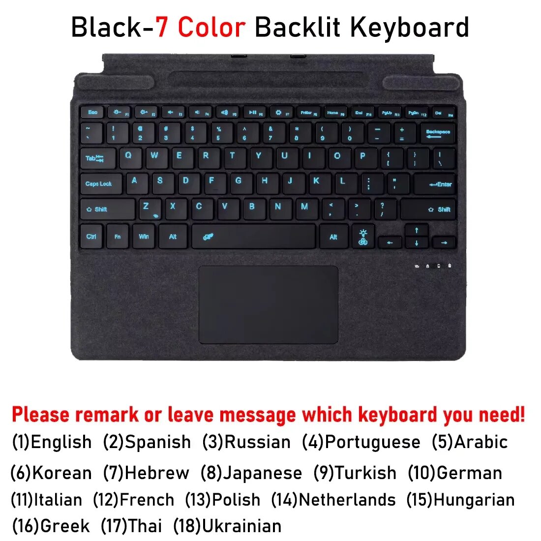 Bluetooth-клавиатура для Microsoft Surface Pro 8/9/10/11/X Russian Keyboard, Backlit-Black