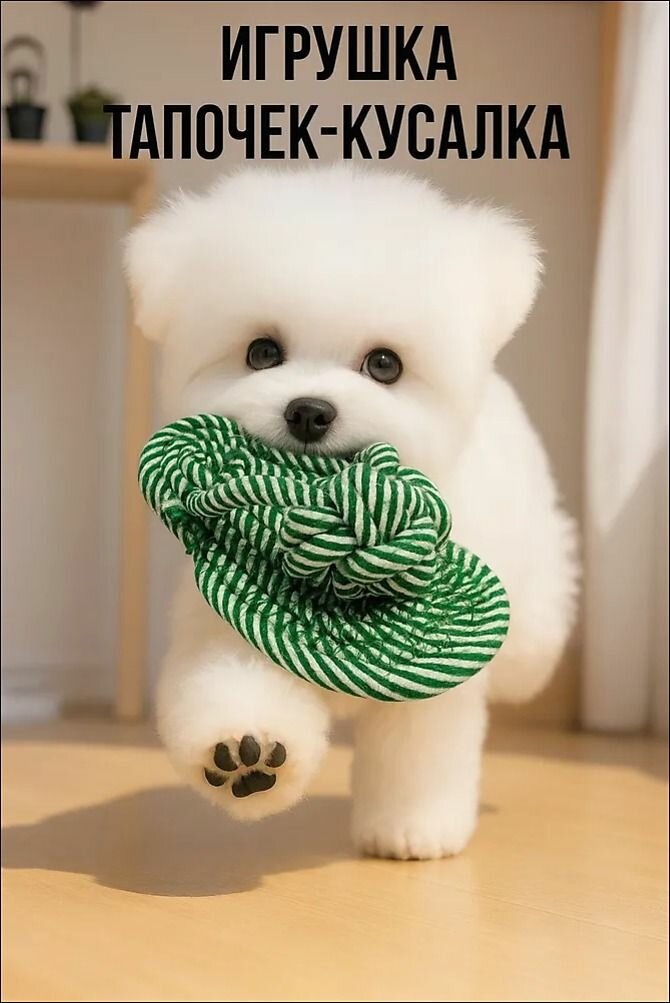 Игрушка Тапочек-кусалка предназначена для средних, мелких собак и кошек (бело-зеленая в полоску).