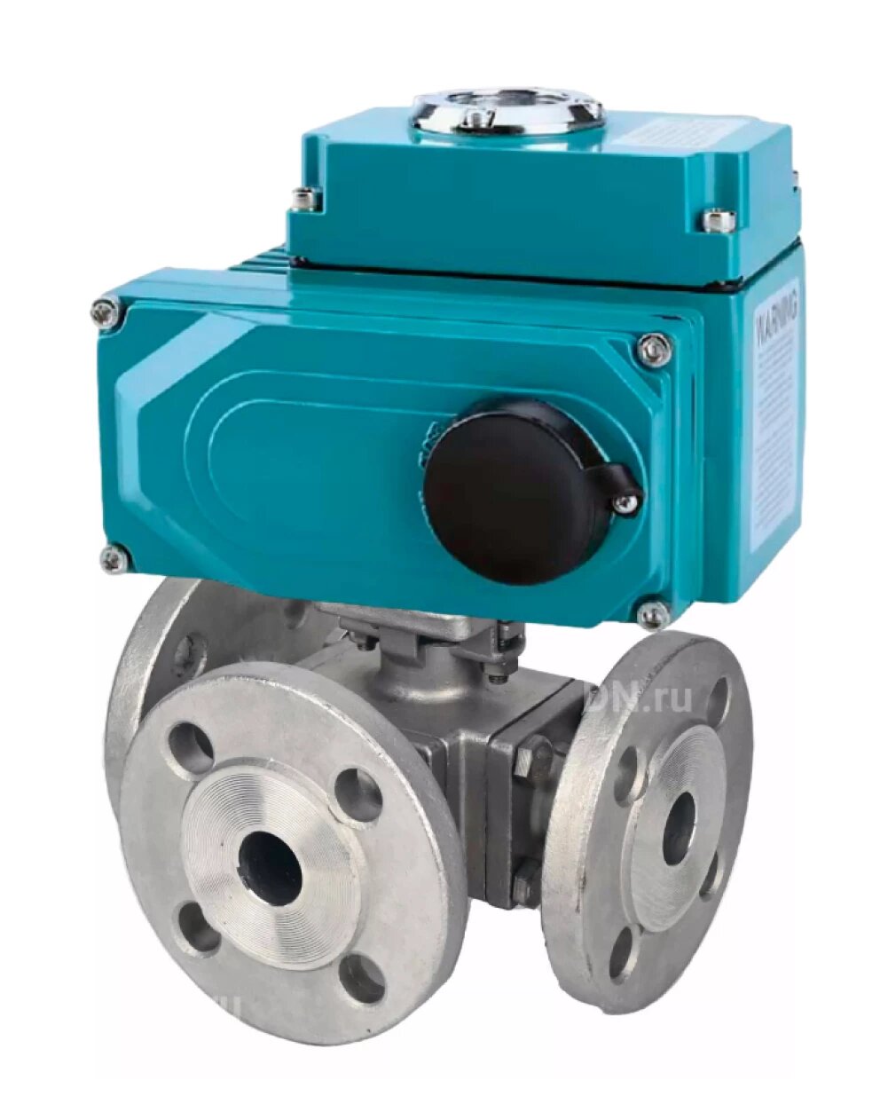 Кран шаровой DN.ru 316-316-PTFE L-тип Ду40 Ру16 3-ходовой, полнопроходной, фланцевый, корпус - нержавеющая сталь SS316, уплотнение - PTFE, с 1/4-оборотным электроприводом QT2-020-220VAC 220В