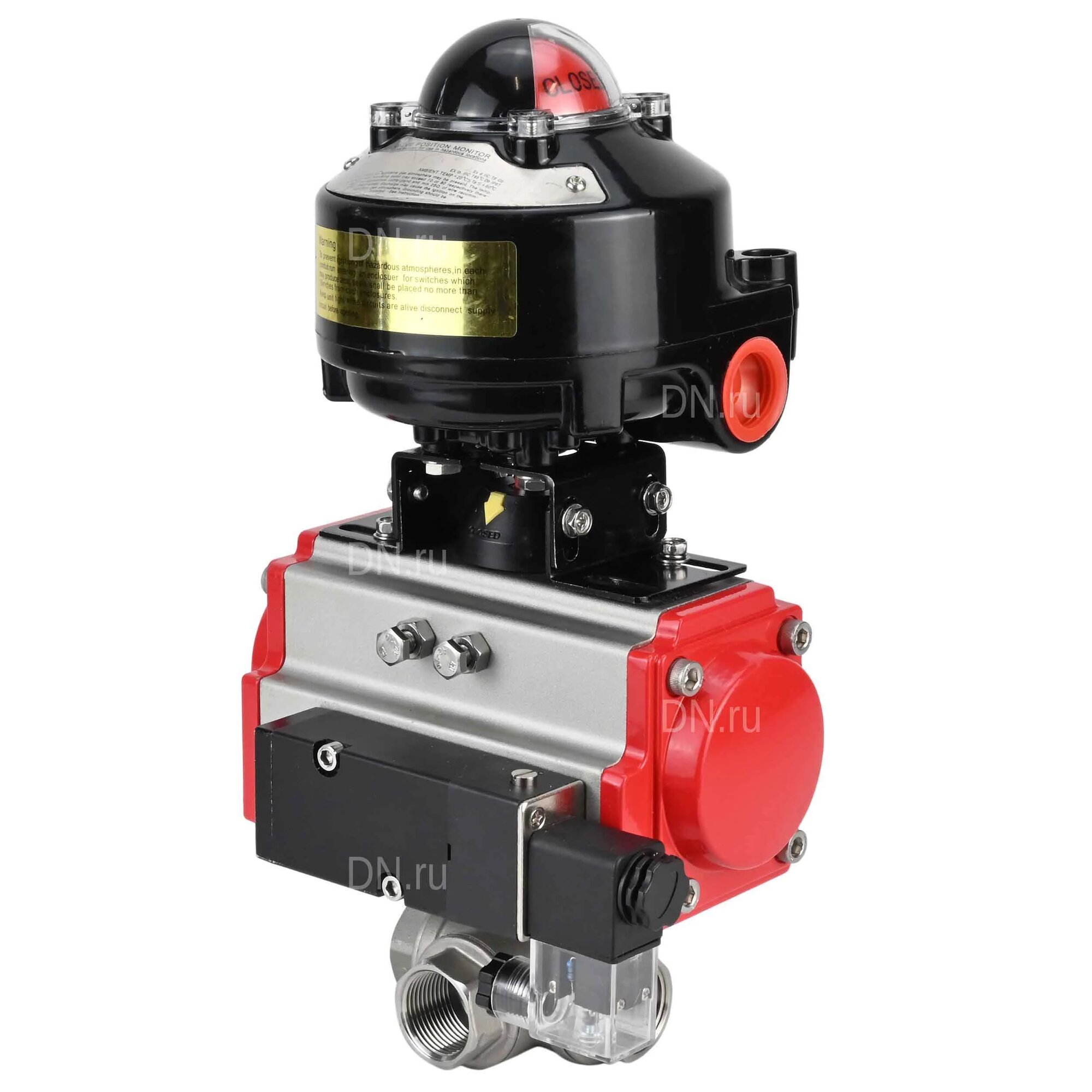 Кран шаровой DN.ru RP. SS316.200. MM 1/2" Ду40 Ру63 стандартнопроходной трехходовой L-тип, нержавеющая сталь SS316, внутренняя резьба, уплотнение - PTFE, с пн. приводом SA-083 пн. распределителем PND2-S1EM-52-1NC-J08-24VDC БКВ LSB-510-02ExM12-250