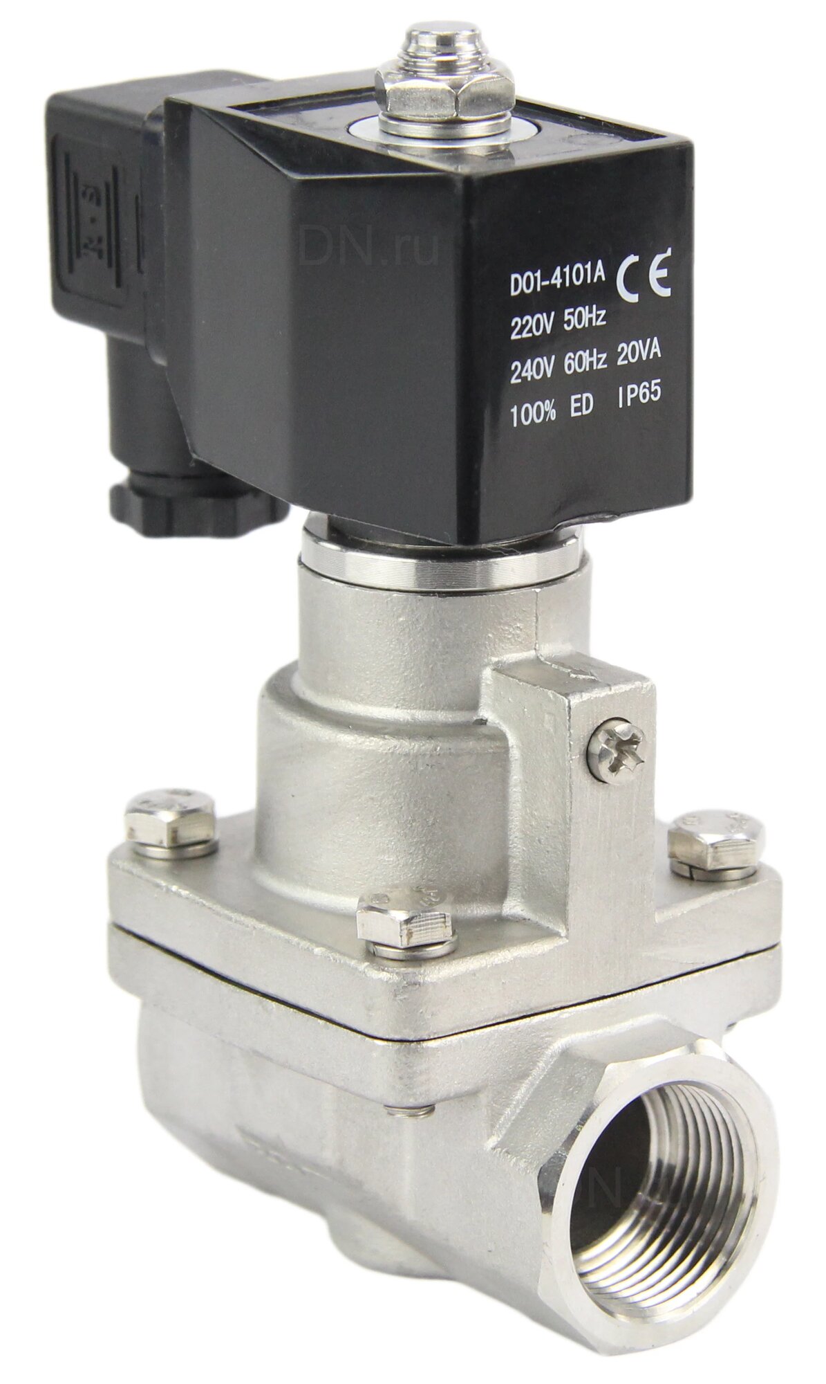 Клапан электромагнитный соленоидный двухходовой поршневый DN. ru-V2W-1001P-NC Ду32 (1 1/4 дюйм), Ру0.4-16 корпус - нержавеющая сталь, уплотнение - PTFE, резьба G, с катушкой 220В