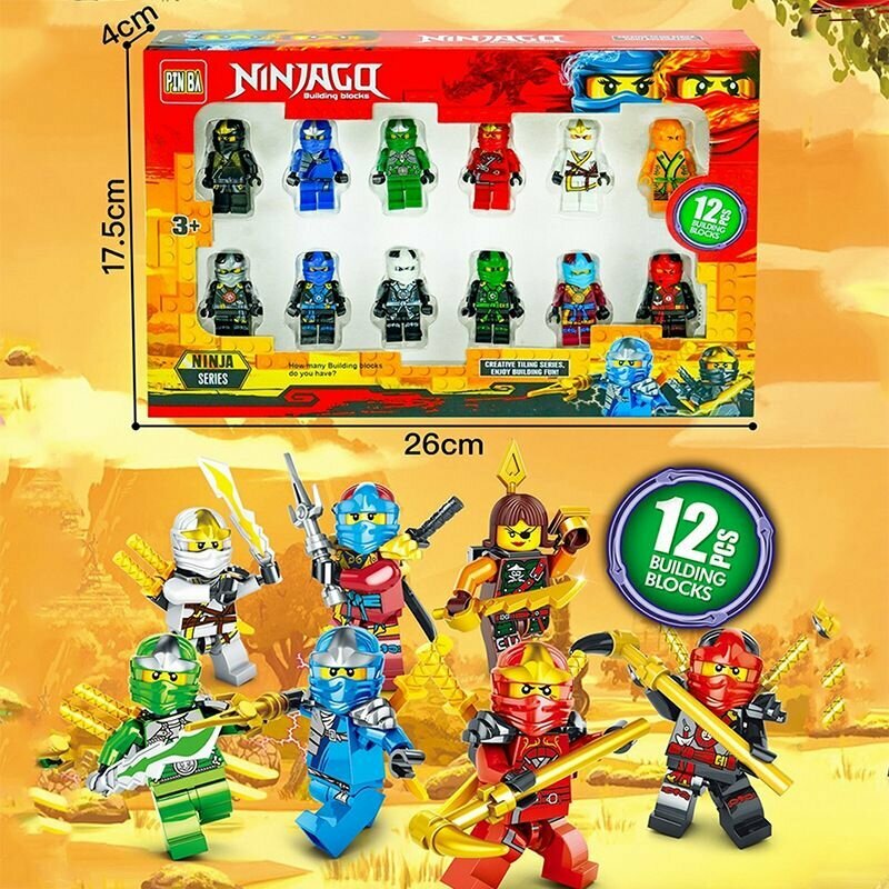 Набор минифигурок Ниндзя 12 шт с оружием / Ninja 4,5 см высота / Совместим с конструкторами