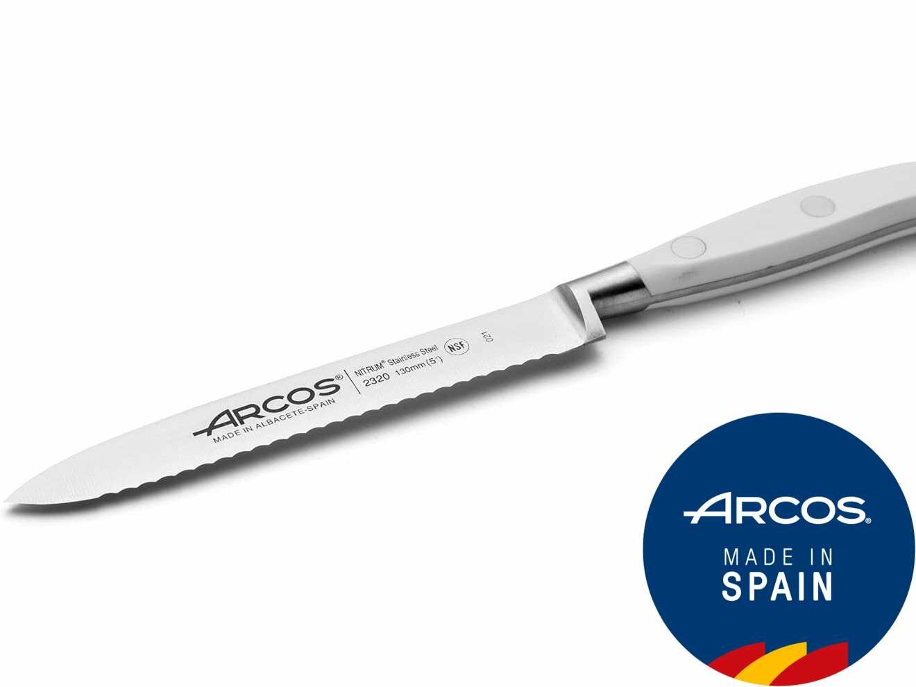 Кухонный нож Arcos Riviera кованный Испания, Оригинал, зубчатое лезвие 13 см, белый