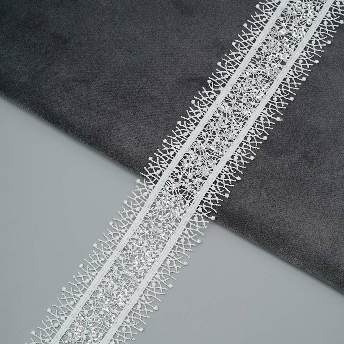 3Al175 Кружево для рукоделия гипюр с пайетками 3,5см*9,14м (белый), 9.14 м