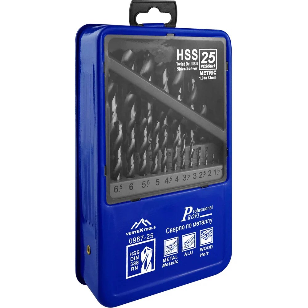 Набор сверл HSS 25 шт, 1-13 мм vertextools 0987-25, из быстрорежущей стали спиральный тип цилиндрический хвостовик — фото 1