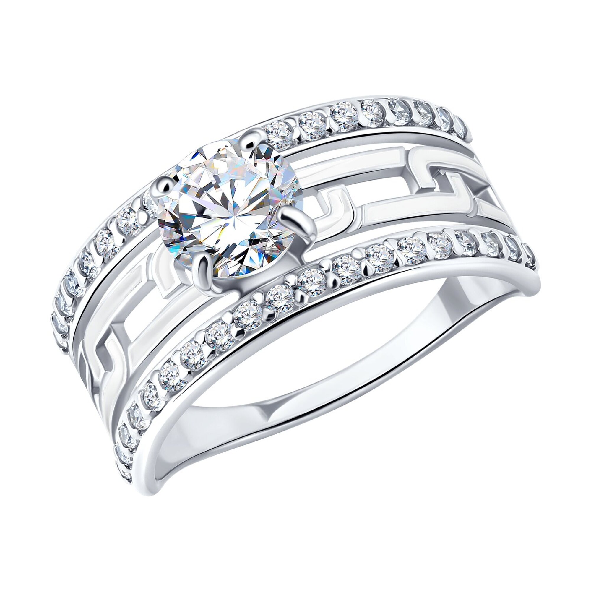 Кольцо, серебро, 925 проба, родирование, фианит, эмаль