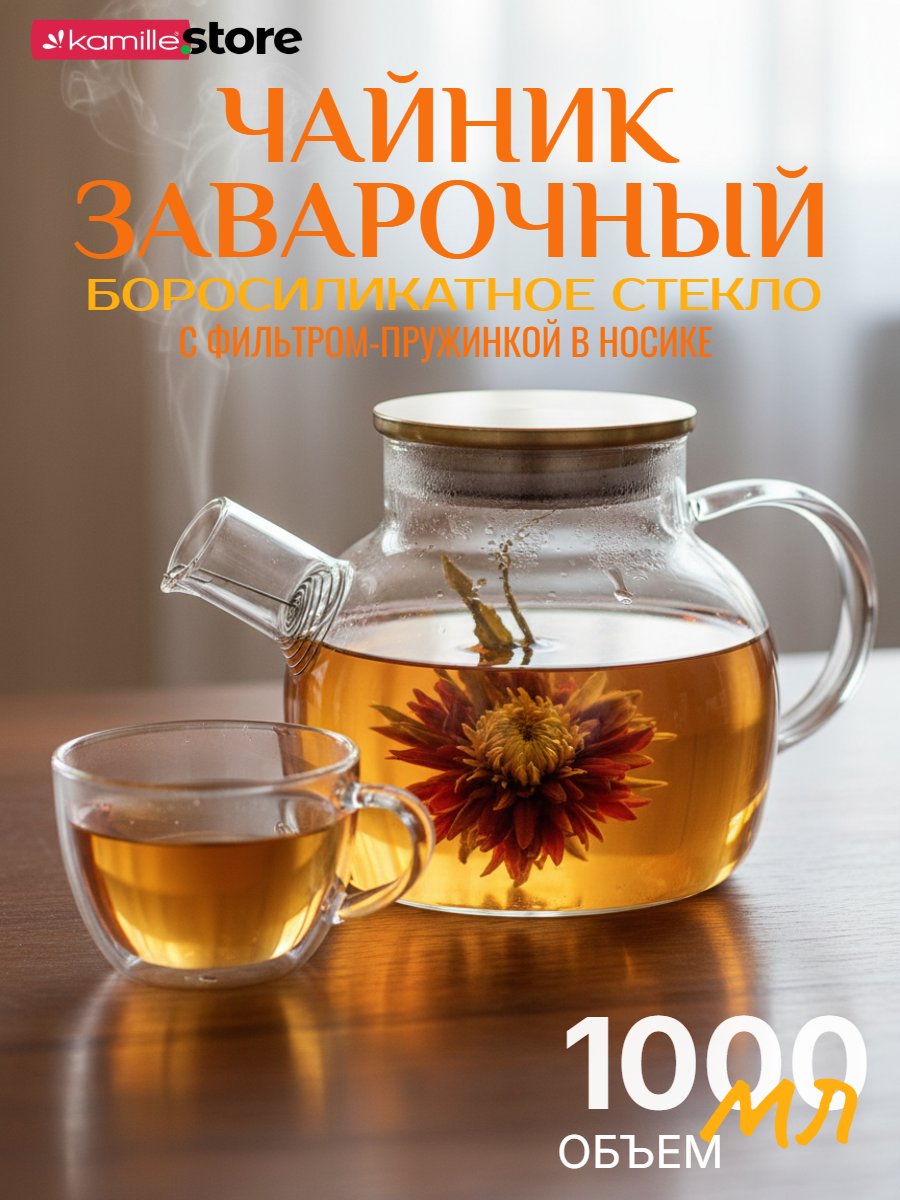Заварочный чайник 1000 мл. с фильтром пружинкой в носике (прозрачный)