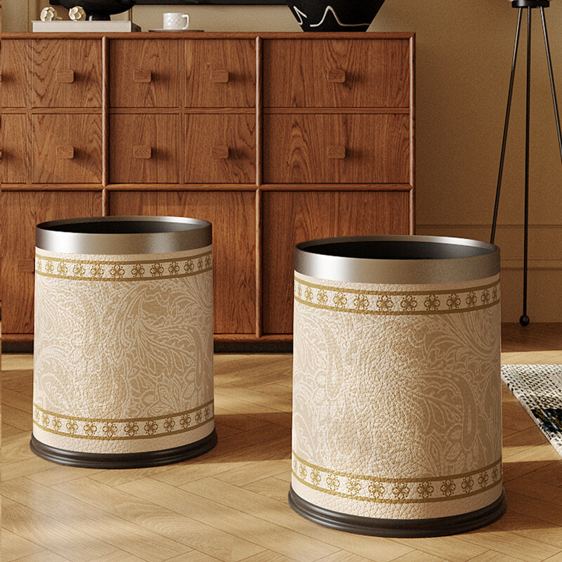 Французский стиль кожаного мусорного ведра для домашнего использования, гостиной, винтажной спальни, ретро-легкой роскоши, высокой эстетики для кухни и ванной с двойным слоем