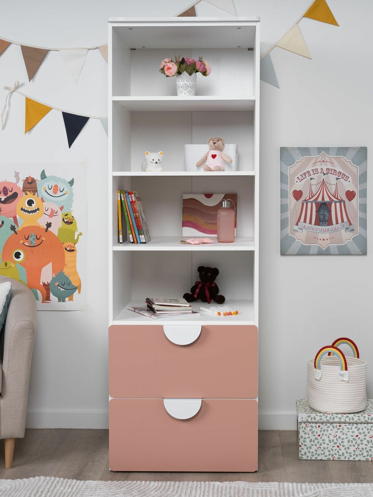 Стеллаж Пикси, с двумя выдвижными ящиками 60x57x180, мечтательный пион, ГУД лакк