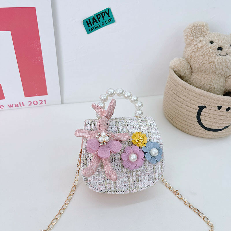 Модная детская сумочка с жемчугом, мини-сумка через плечо для девочек, белый клетчатый зайчик