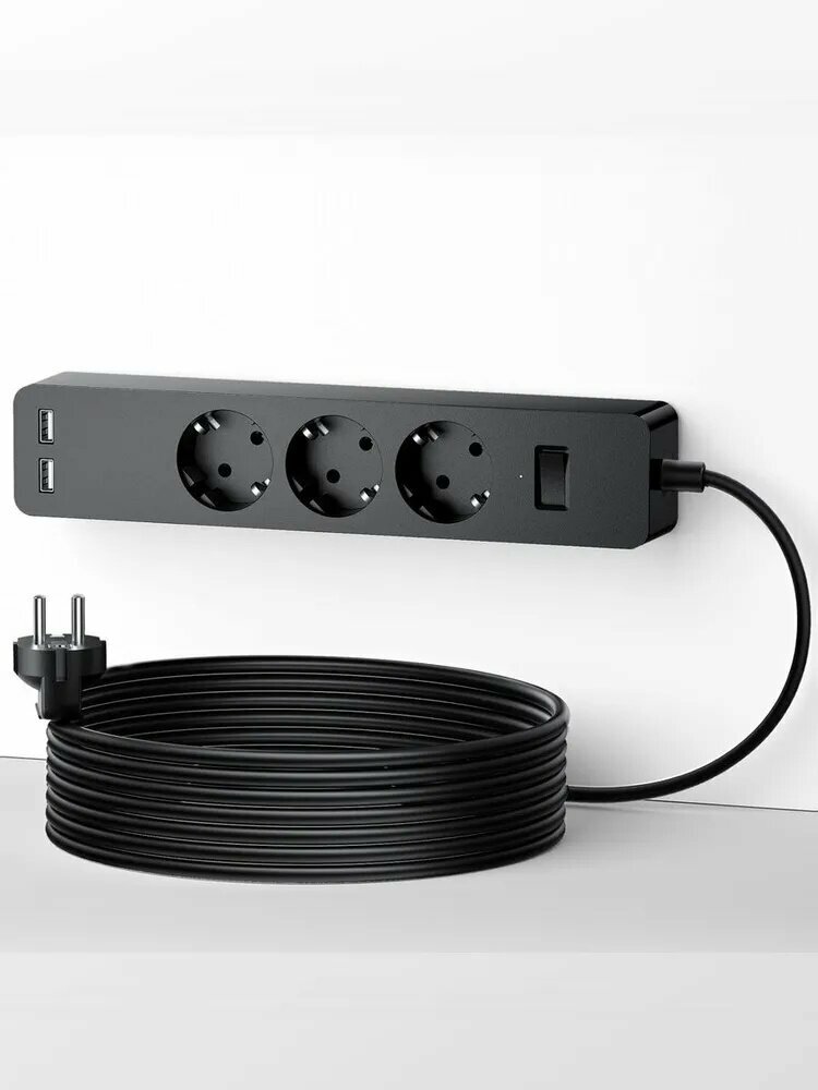 Сетевой фильтр с выключателем GPC Удлинитель сетевой, 3 розетки 2USB, 3 м удлинитель, Множественная защита безопасности, черный