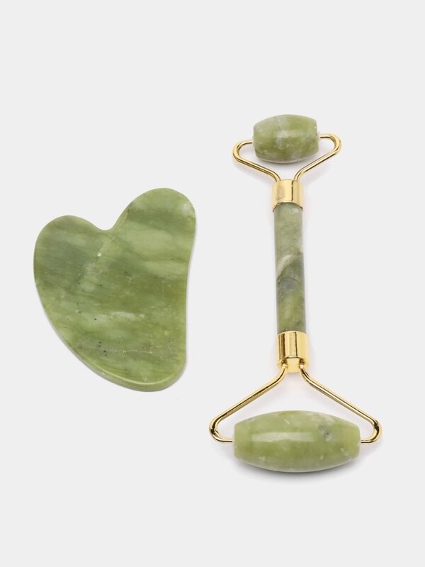 Роликовый массажер (роллер) для лица из нефрита + каменный скребок гуаша