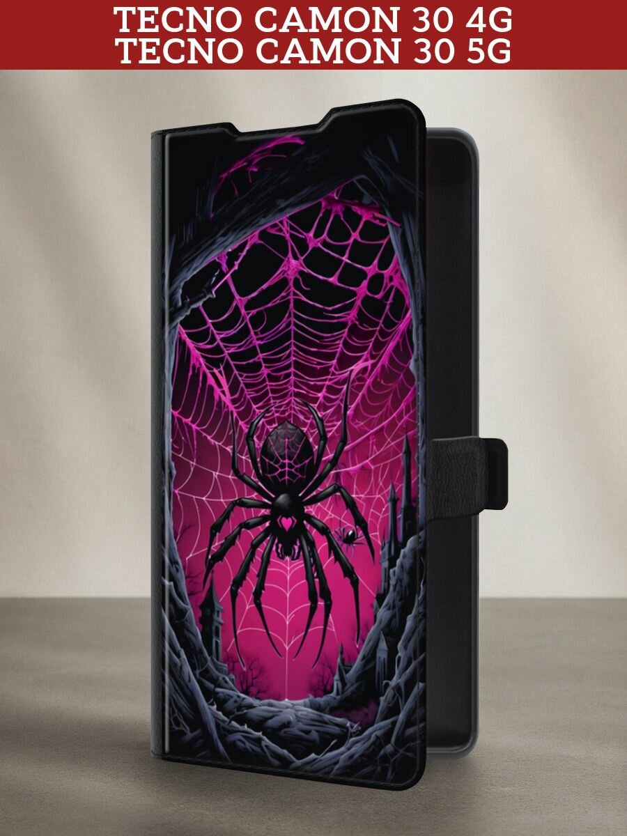Чехол-книжка на Tecno Camon 30 4G/Tecno Camon 30 5G / Текно Камон 30 4G/Текно Камон 30 5G с принтом Эмо паук, черный