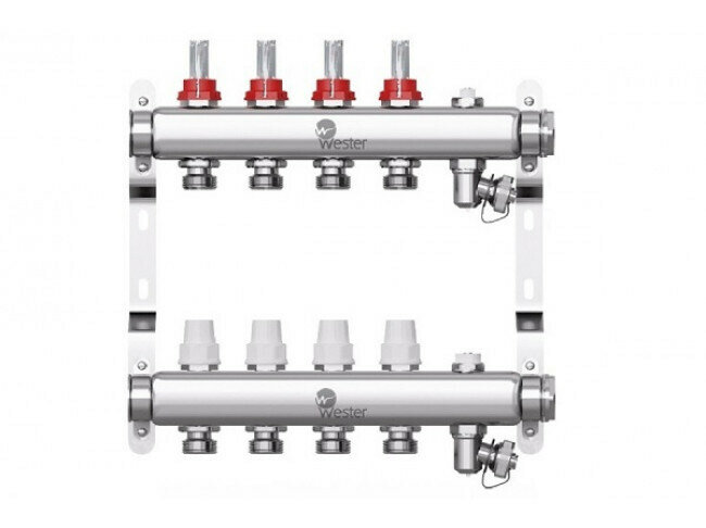 Коллекторная группа 1" из нерж. стали на 4 выхода 3/4"ЕК с расходомерами, коллектор W902 в сборе, Wester 0-32-1820