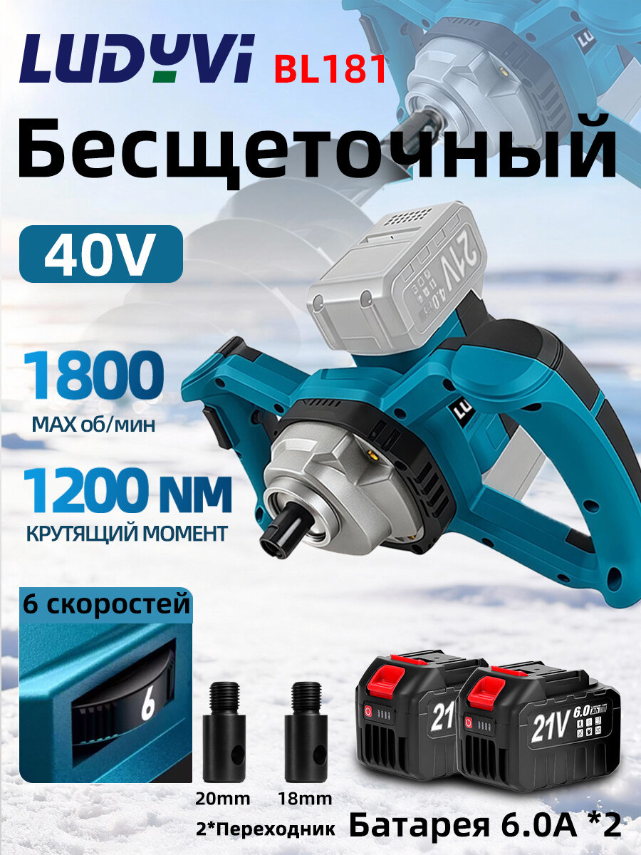 Бесщеточный ударный гайковерт LUDYVI BL181 40V: 1800 об/мин, 1200 Н·м, 6 скоростей, 2 АКБ 6.0 А·ч