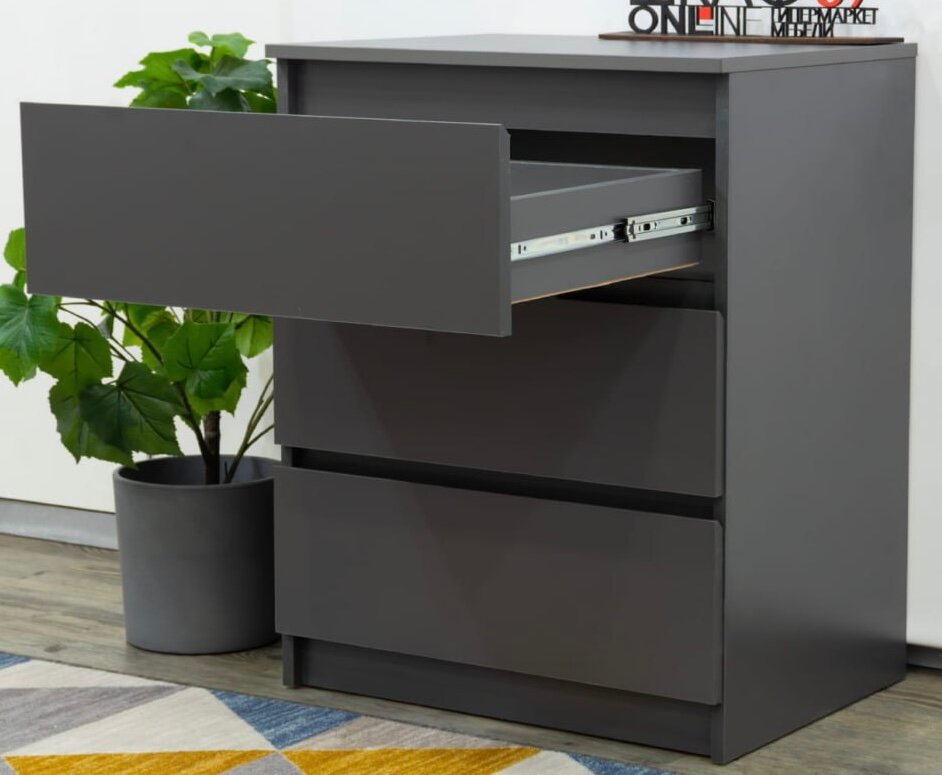 Комод с 3 выдвижными ящиками, 60×46×76 см, графит, компактный, без ручек