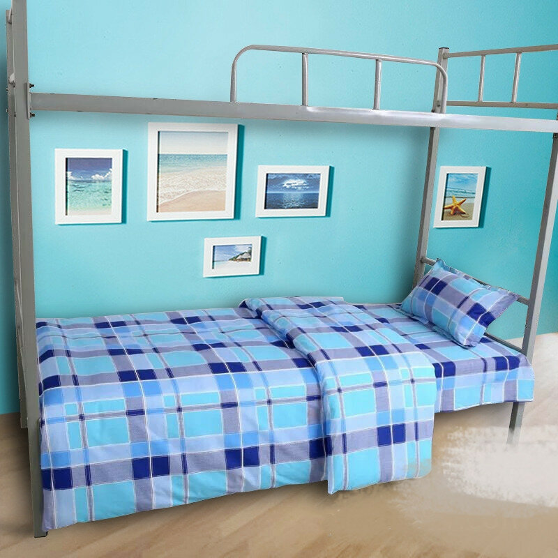 ✅ Оптовый комплект постельного белья из трех предметов для студенческих общежитий и отелей, синий в клетку, армейский