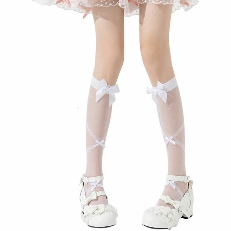 Женские прозрачные гольфы с бантом, Белый