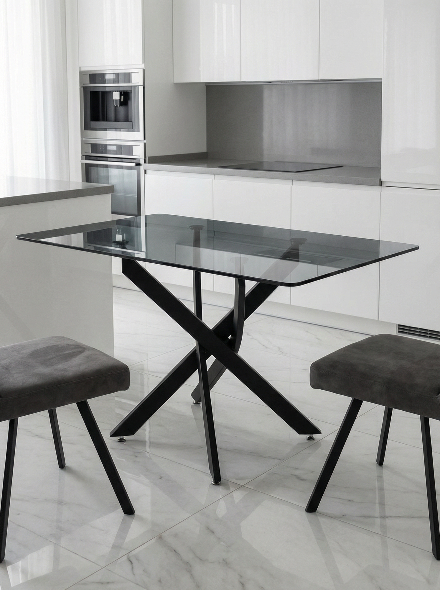 Стеклянный стол для кухни Рим 10 серый/черный (1200х700 мм)