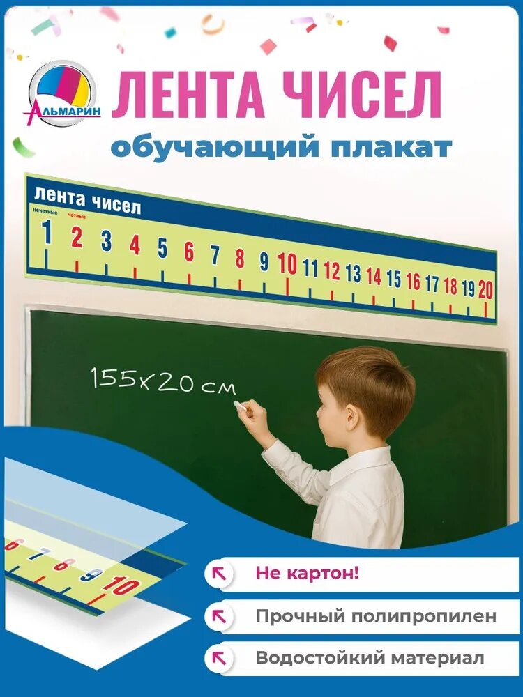 Обучающий плакат на стену, доску по математике числовой РЯД от 1 до 20, для школьников и дошкольников
