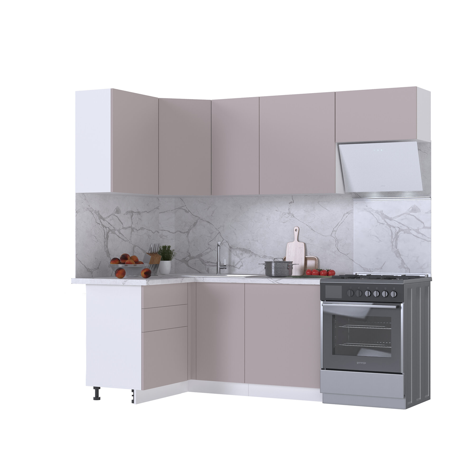 Кухонный гарнитур угловой без столешницы Рельеф Инь 120*220см Белый, Атласный серый