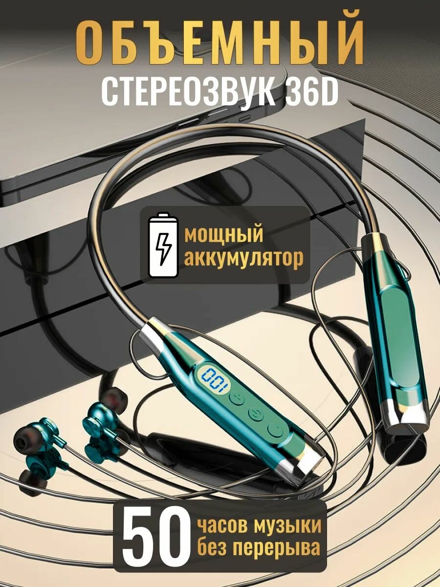 Наушники беспроводные спортивные с микрофоном блютуз , зеленый