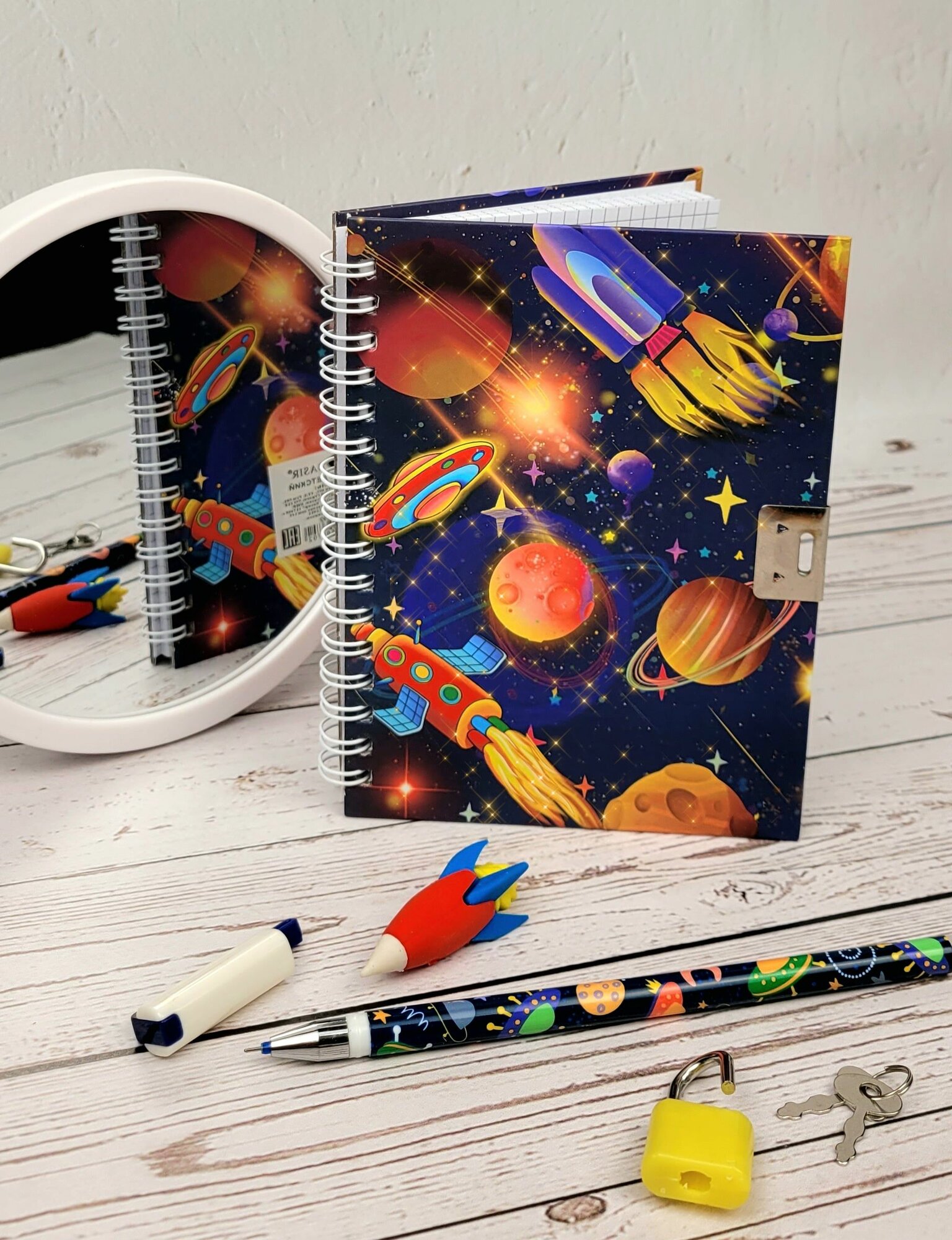 Блокнот на замочке "Космос" + Ручка пиши-стирай + подарок ластик фигурный