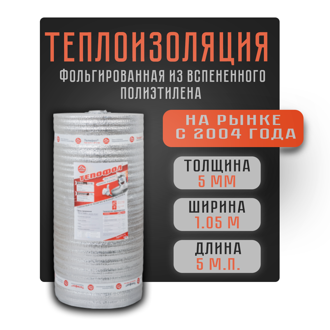 Теплоизоляция с ламинированной отражающей алюминиевой фольгой Тепофол А 5 мм, 1.05 м х 5м (5.25 м²)