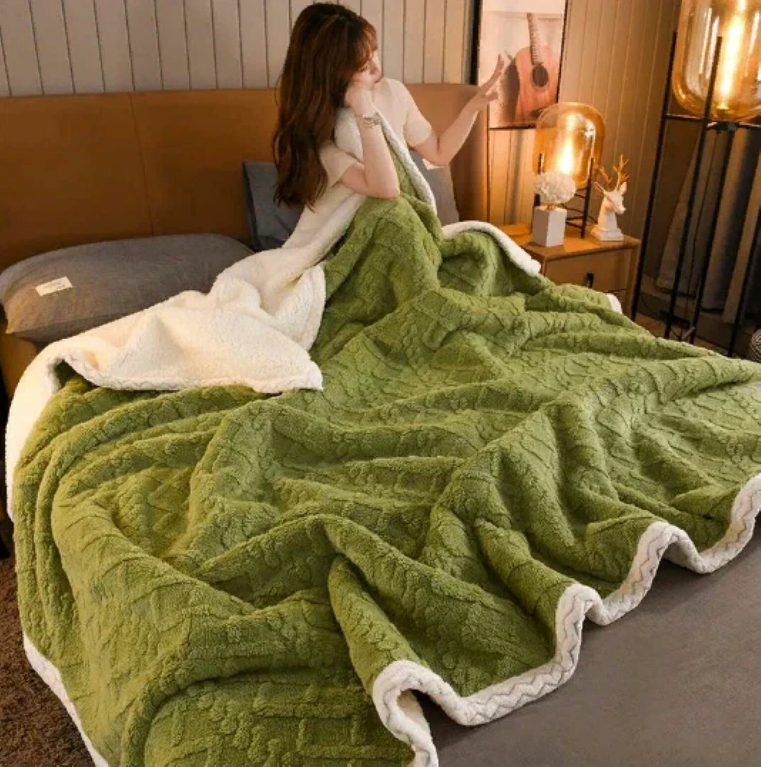 Плед 200*230 Евро Овечка плюшевый теплый двусторонний декором под вязаные узоры одеяло дивана Покрывало на кровать хаки