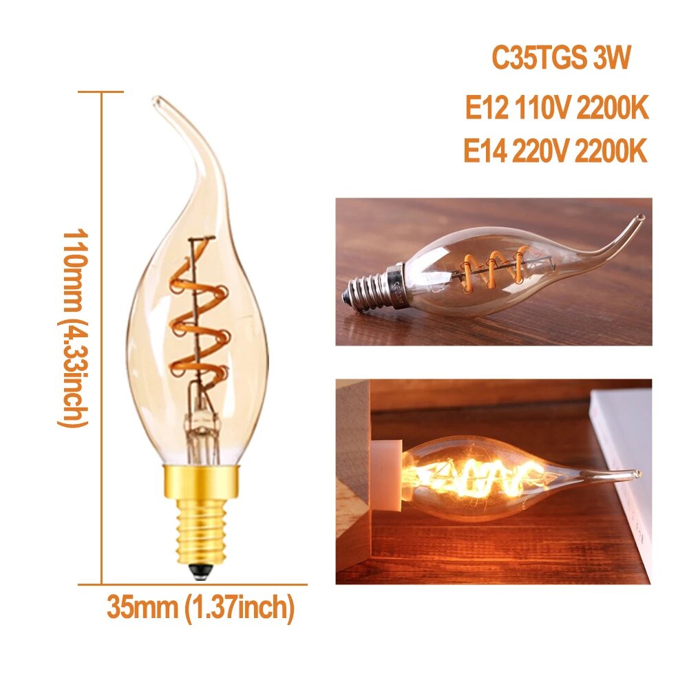 Светодиодная лампа GANRILAND E27 золотая спиральная 2200К C35TGS E12 E14, 220V