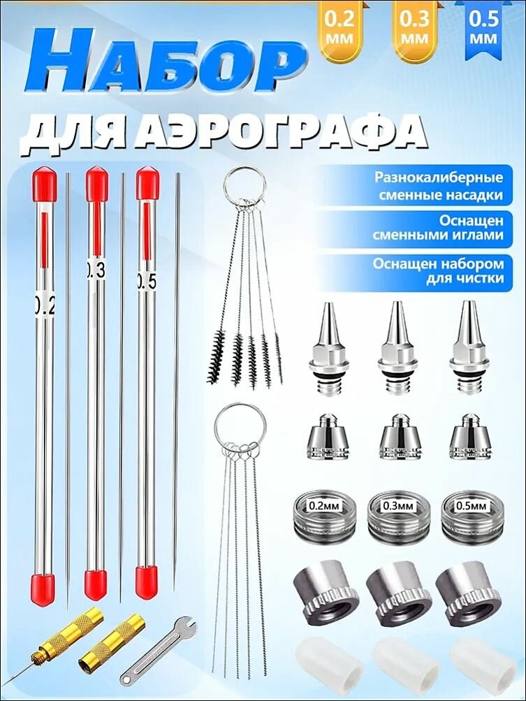 Большой набор Игла с соплом 0.2, 0.3, 0.5 мм для аэрографа / сопло с резьбовым соединением