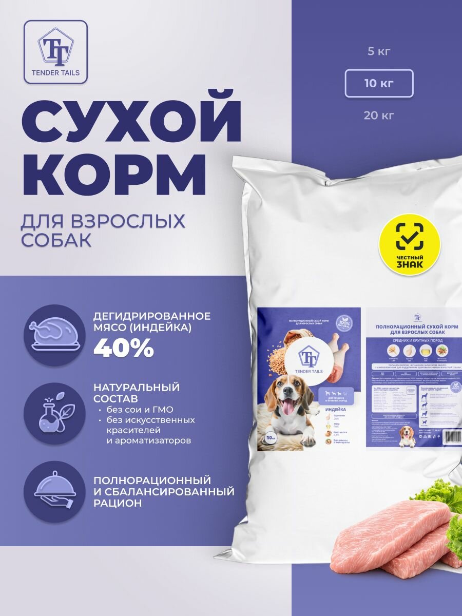 Сухой корм для взрослых собак вкус Индейка 10 кг