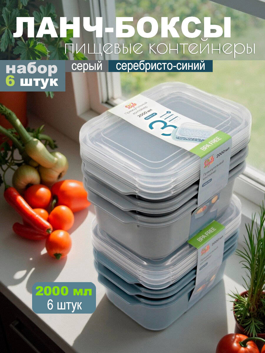 Контейнеры для еды набор 6 штук, 2 л, герметичные, серый, серебристо-синий
