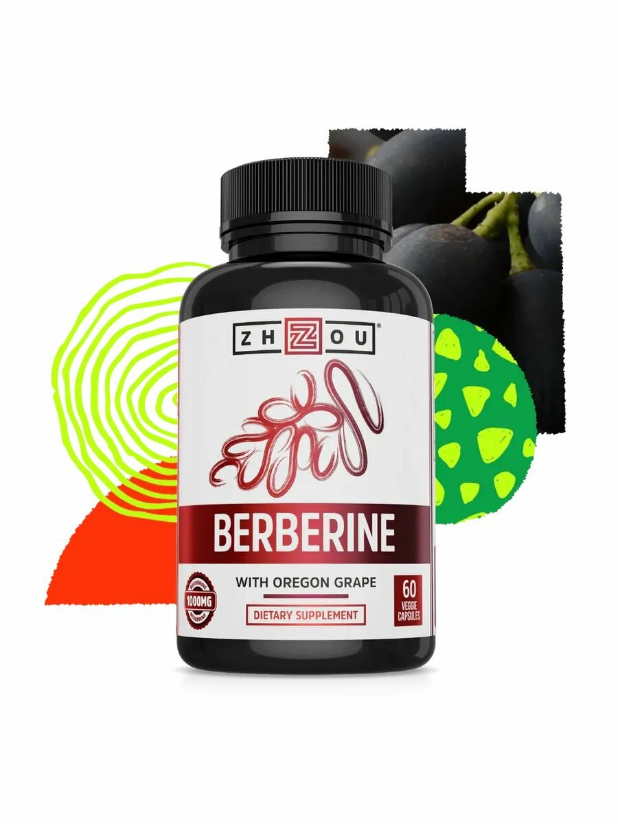 Берберин Zhou Nutrition, с орегонским виноградом, 1000мг, 60 капсул