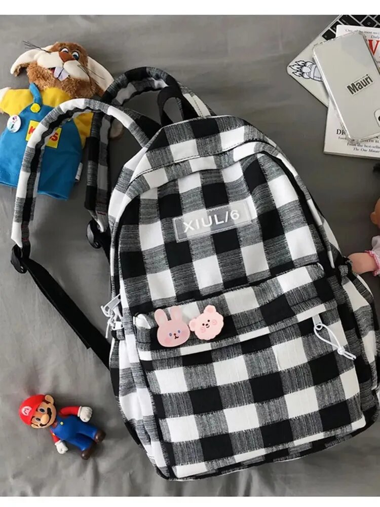 Рюкзак школьный для девочек с принтом в клетку, белый, черный, вместительный, из искусственной кожи