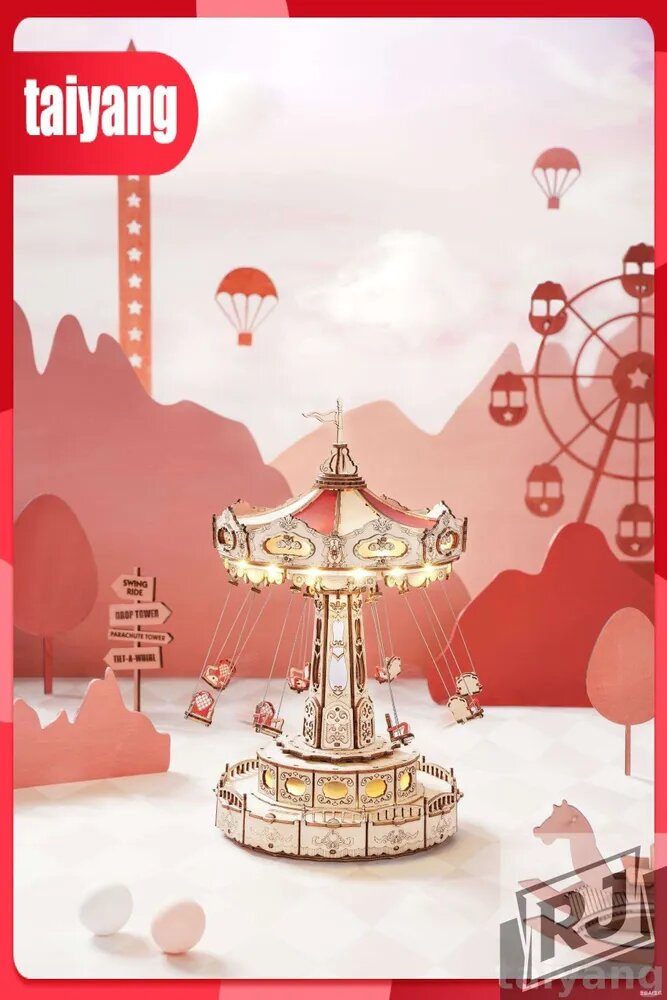 Конструктор Robotime-ROKR Swing Ride деревянный музыкальный 3D пазл 289 деталей 22x22x27см — фото 1