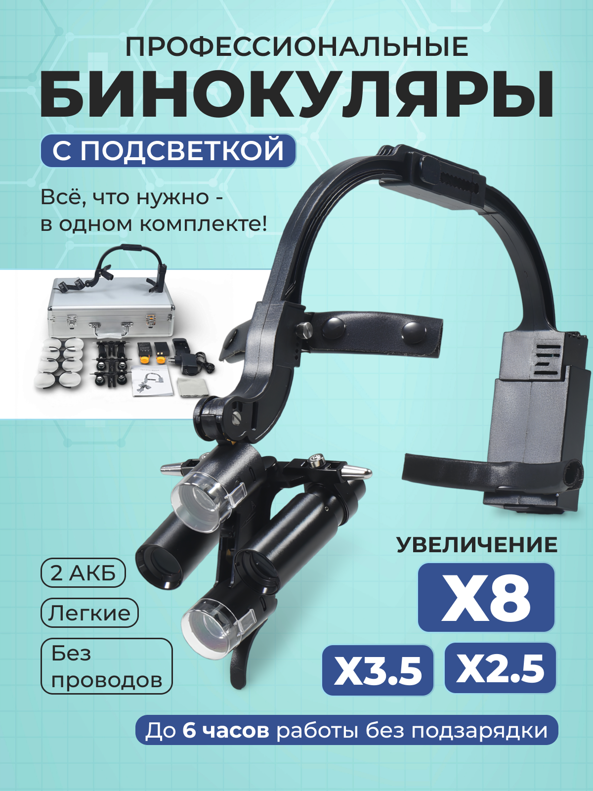 Налобный осветитель с комплектом бинокуляров и стекол 8х