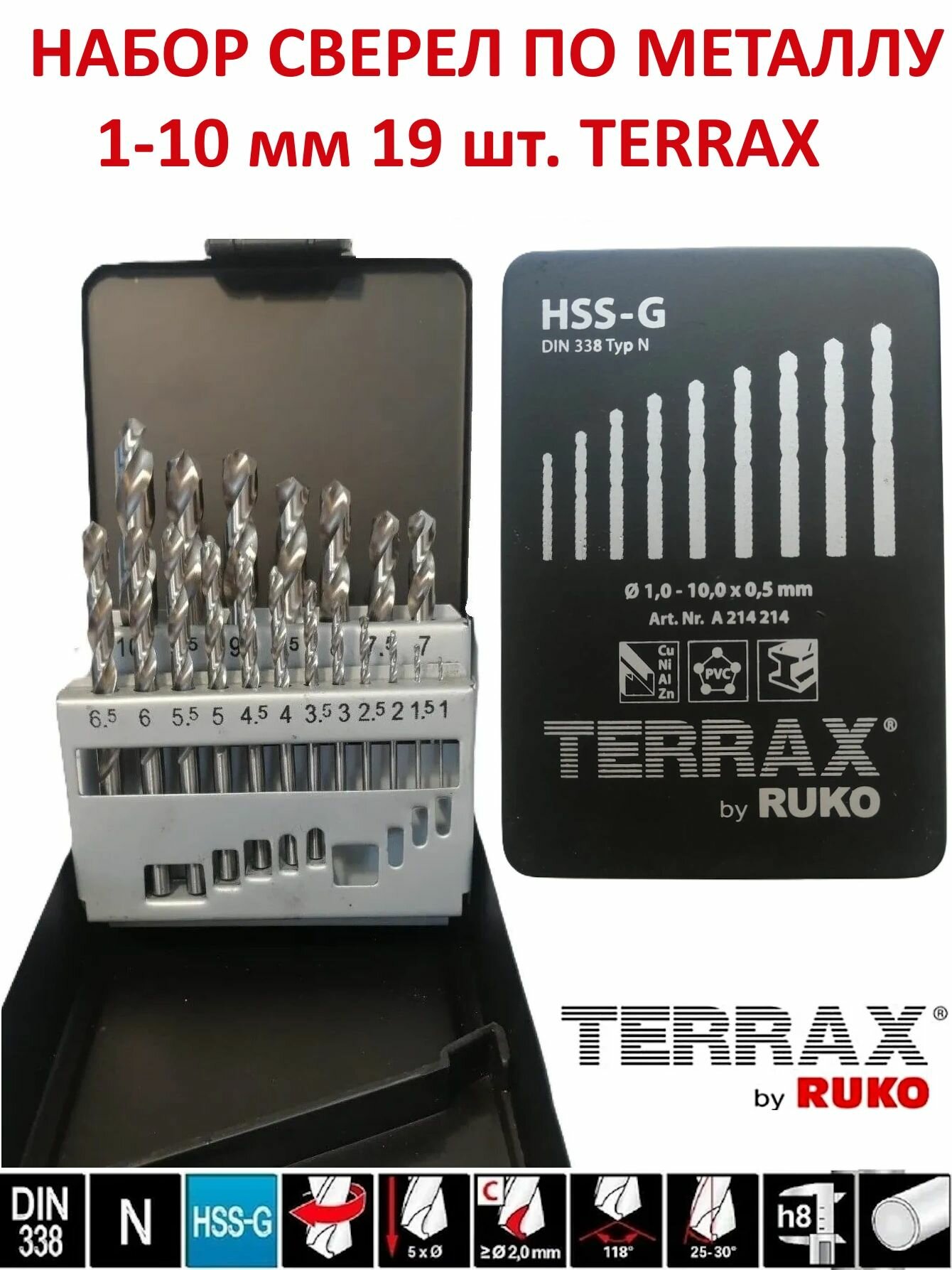 Набор сверл по металлу 1,0-10,0мм TERRAX 19 шт артикул A214214