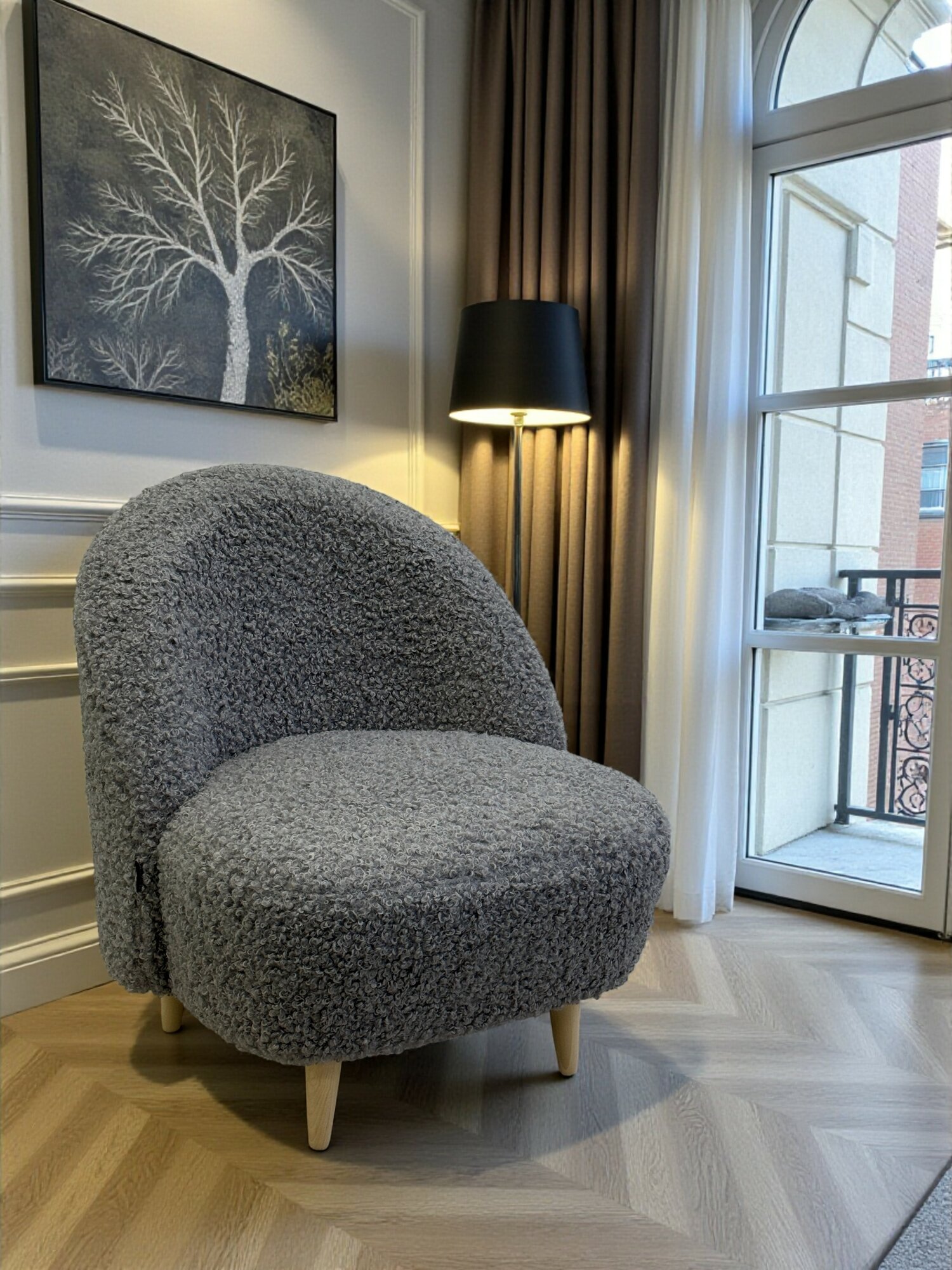 Кресло скандинавское Бари, серое кресло, искусственный мех/барашек