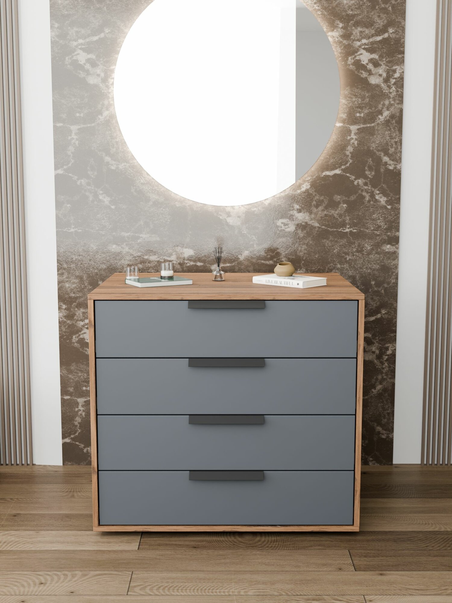 Изумлит Комод для белья и одежды Лайн 4 ящика, 80х74х59 см, дуб крафт табачный-графит