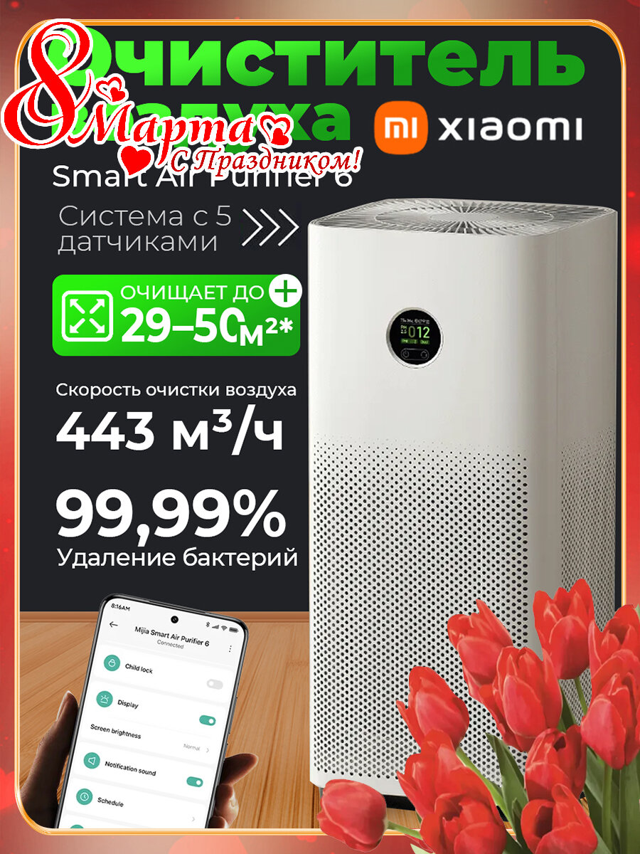 Очиститель воздуха Xiaomi (Mi) Smart Air Purifier 6 GLOBAL, белый AC-M25-SC (BHR08MZEU)
