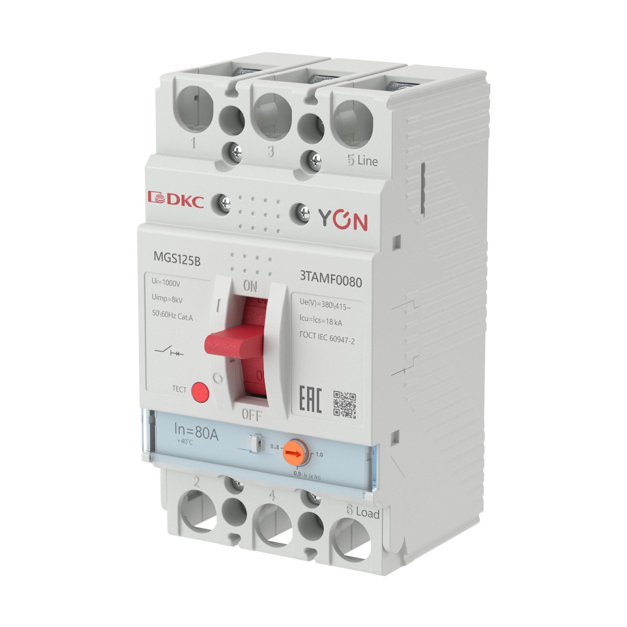 Выключатель автоматический YON max MGS125B 3P 64-80А 18кА с регулируемым термомагнитным расцепителем DKC MGS125B-3TAMF0080