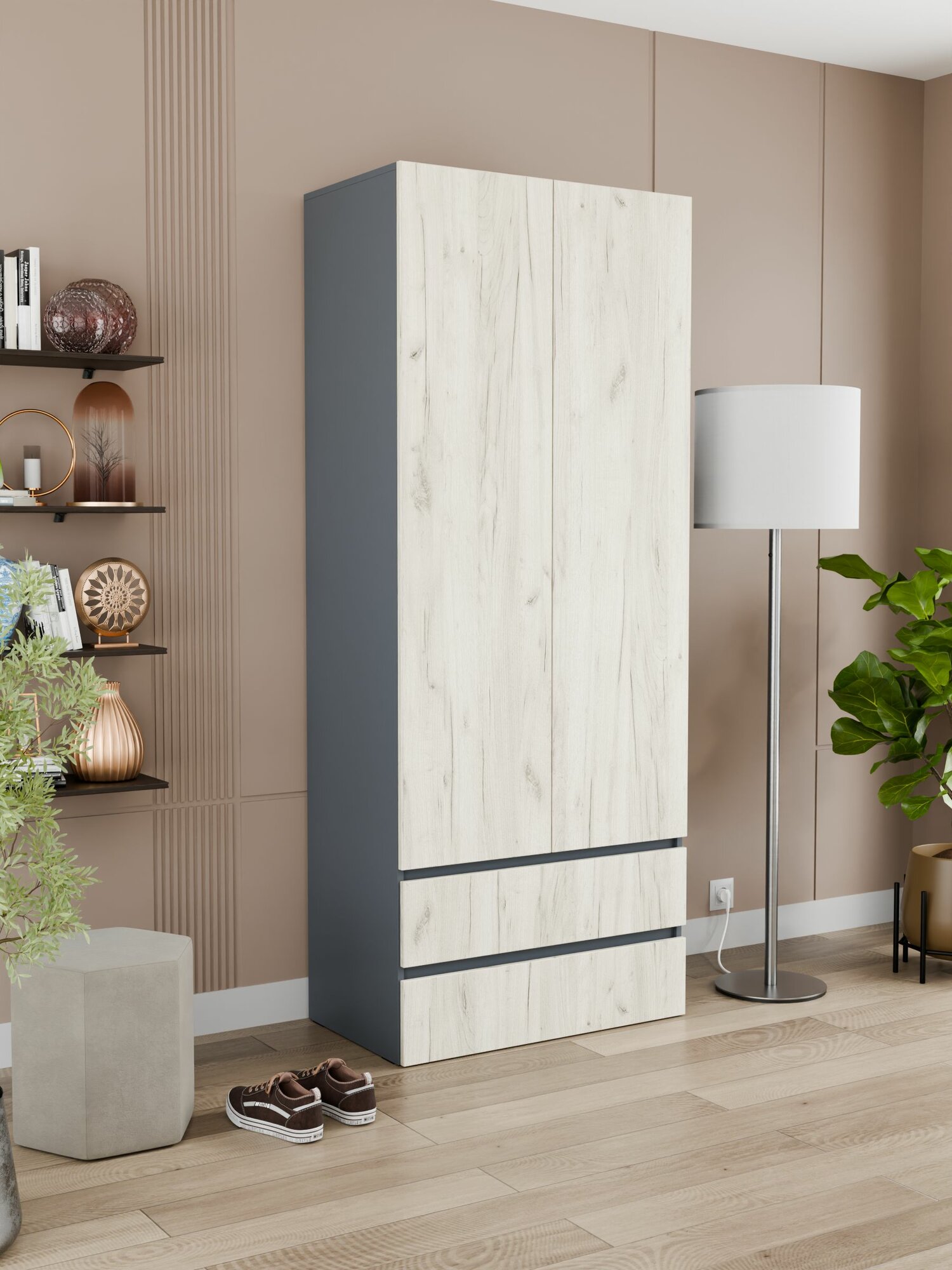 Шкаф распашной для одежды 2-х дверный атлант со штангой 212х81.2х47.6 см, графит - дуб крафт белый