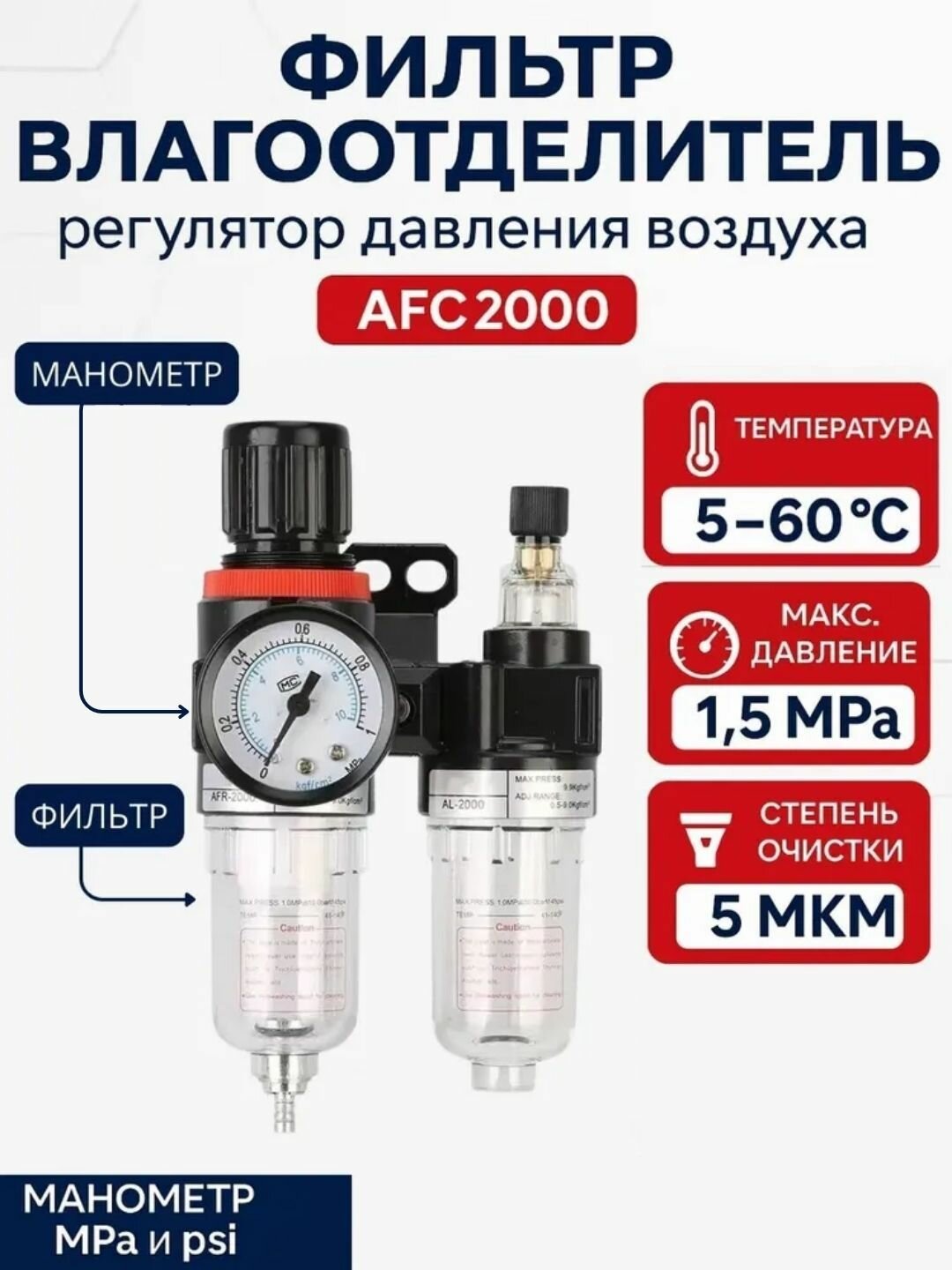 Фильтр-регулятор воздуха с лубрикатором и манометром AFC2000 1/4 (СФ)