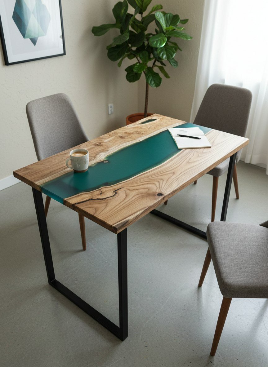 Письменный стол из массива дерева с эпоксидной смолой. Столик в стиле лофт