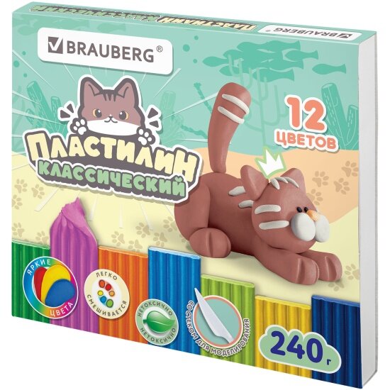 Пластилин Brauberg классический "милые коты", 12 цветов, 240 г, стек, высшее качество, , 107353