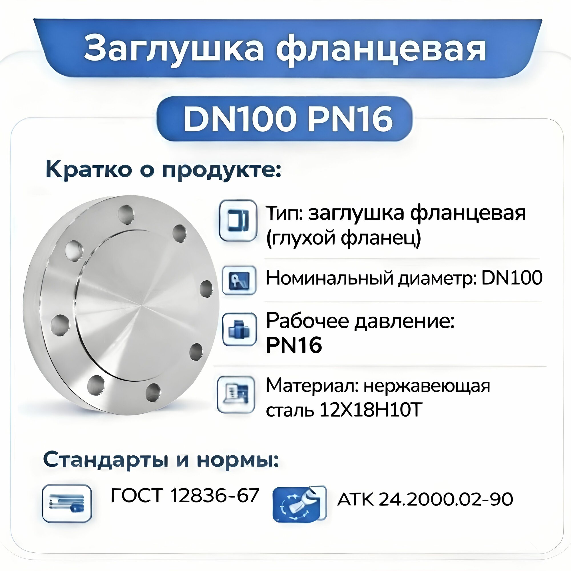 Заглушка фланцевая Ду100 Pу16 нержавеющая сталь 12Х18Н10Т ВФЗ ГОСТ/АТК