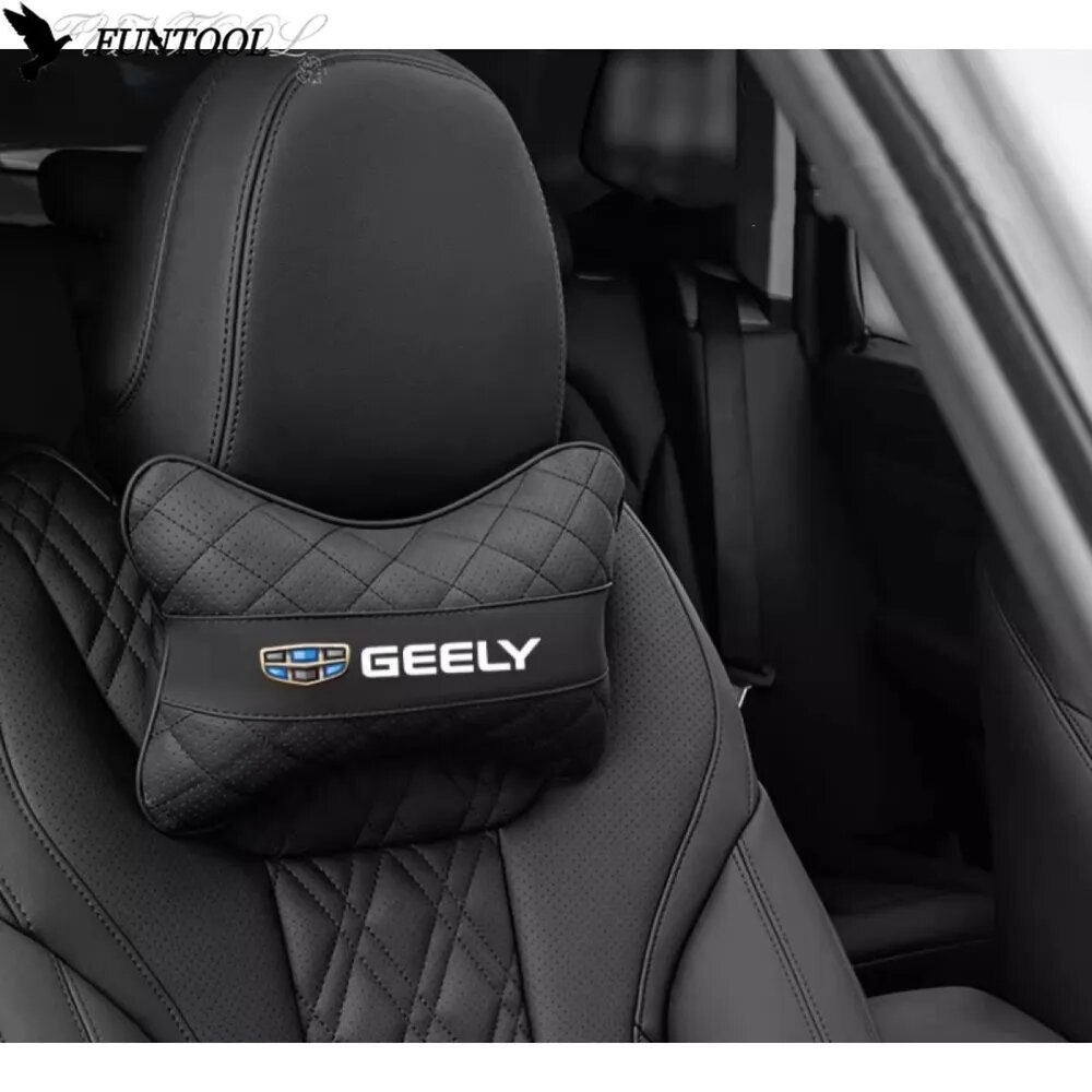 Подушка автомобильная на подголовник Geely из искусственной кожи, 1 шт, черная